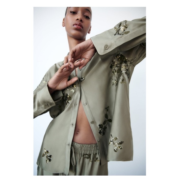 Zara | Tops | Zara Sequin Satin Effect Shirt | Poshmark